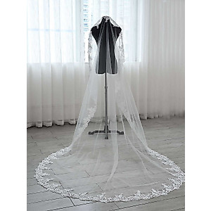 Unsutuo Cathedral Wedding Veil 1 Tier Lace Applique Bridal Veil Long Tulle Veil with Comb for Women and Bride (Ivory)