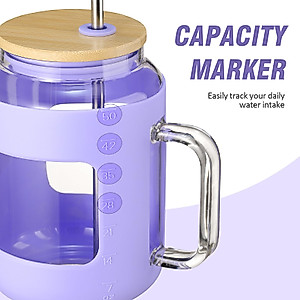 WINSA 50 oz Glass Water Bottles with Silicone Sleeve,Glass Tumbler with Lid and Straw,Iced Coffee Cup with Handle,BPA Free-Purple