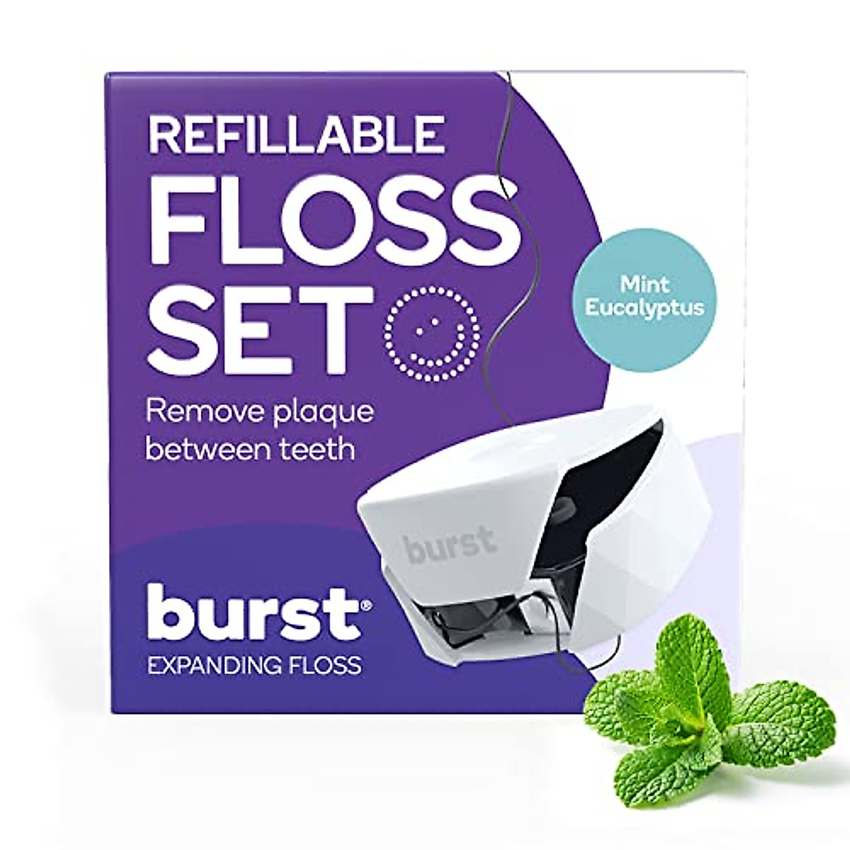 BURST Refillable Dental Floss Dispenser Set - Mint Eucalyptus Aroma - Expanding Floss - Stain-Absorbing, Woven Tooth Floss - White Case + 32 Yards Charcoal Floss