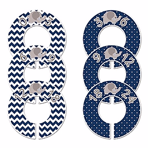 C189 Boy Baby Nursery Closet Clothing Size Divider Navy Elephants Set of 6