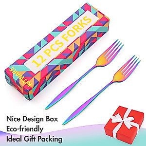 Rainbow Dinner Forks,Set of 12 Forks Silverware, Food Grade Fork Stainless Steel Cutlery, Table Forks, Flatware Forks Set, Mirror Polished 7.4 Inch, Use for Home Kitchen Restaurant