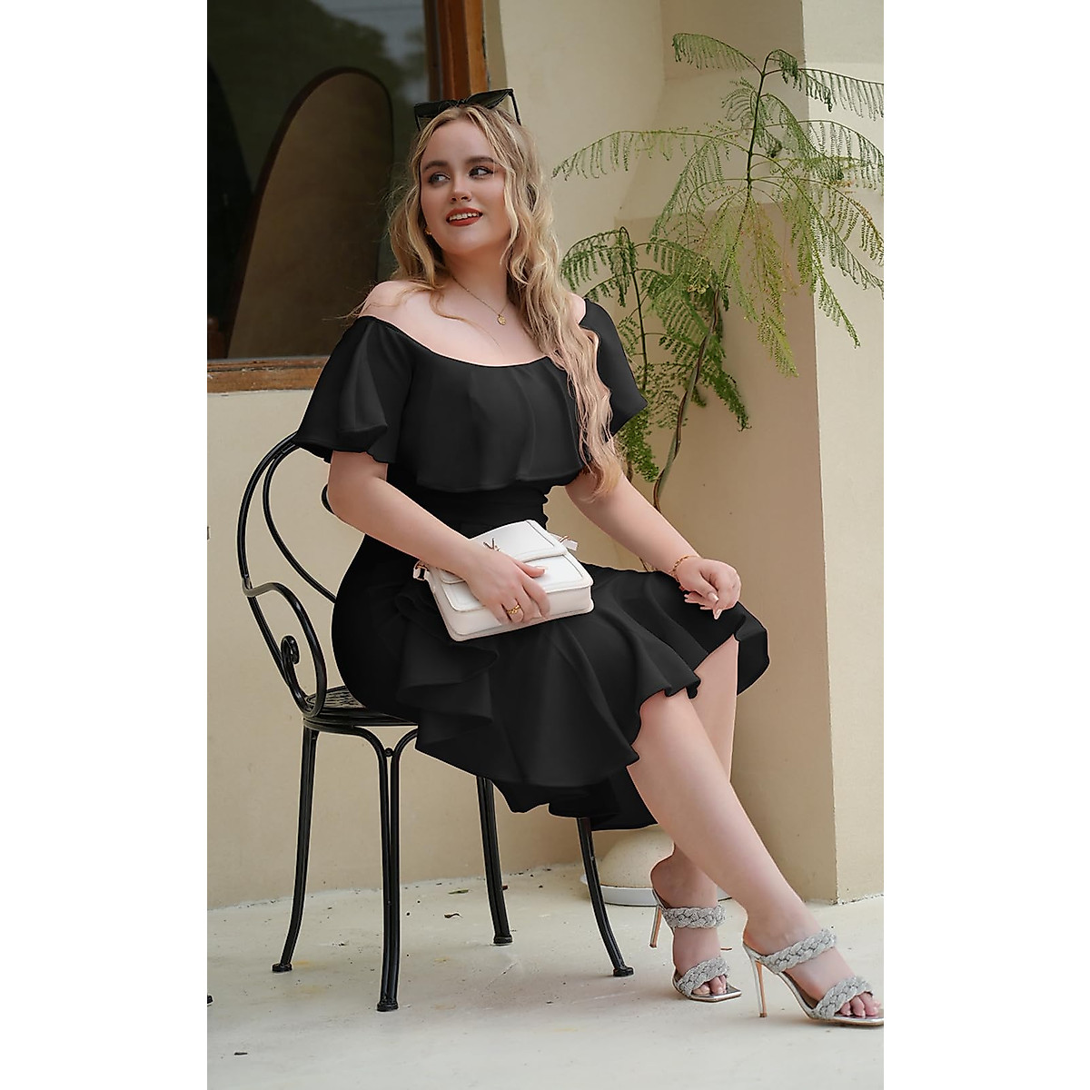 GOBLES Women's Elegant Off The Sholder Back Zipper Ruffles Bodycon Midi Cocktail Dress Black