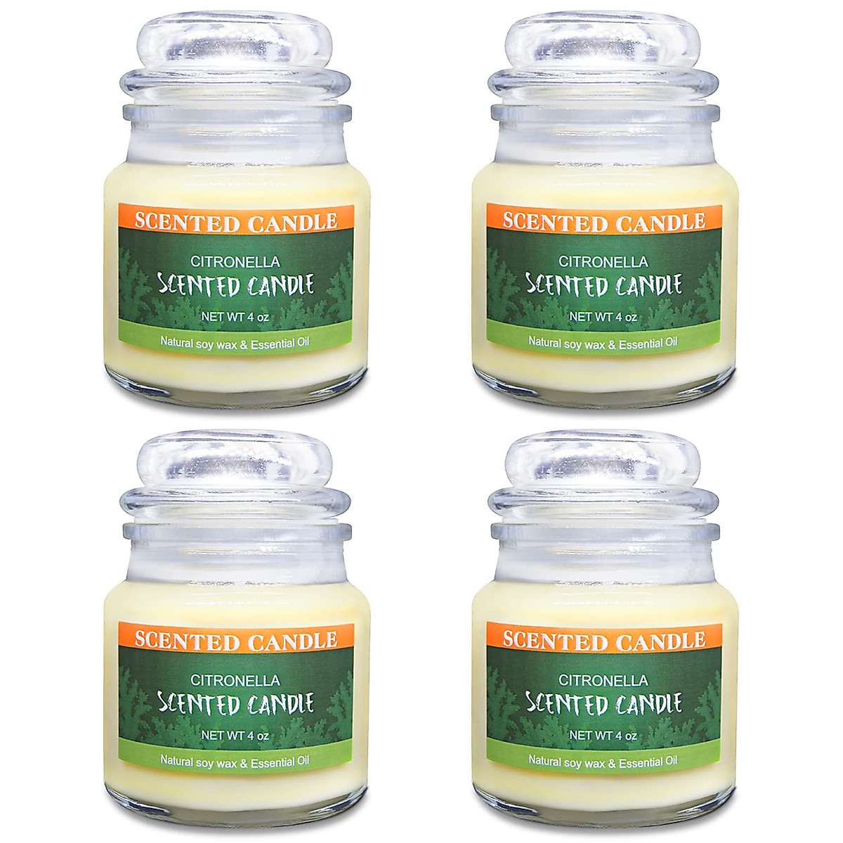 Citronella Candles 4-Pack, 4oz Yellow Soy Wax with Lemongrass Essential Oil - Scented Glass Jar Candles for Outdoor and Indoor Use