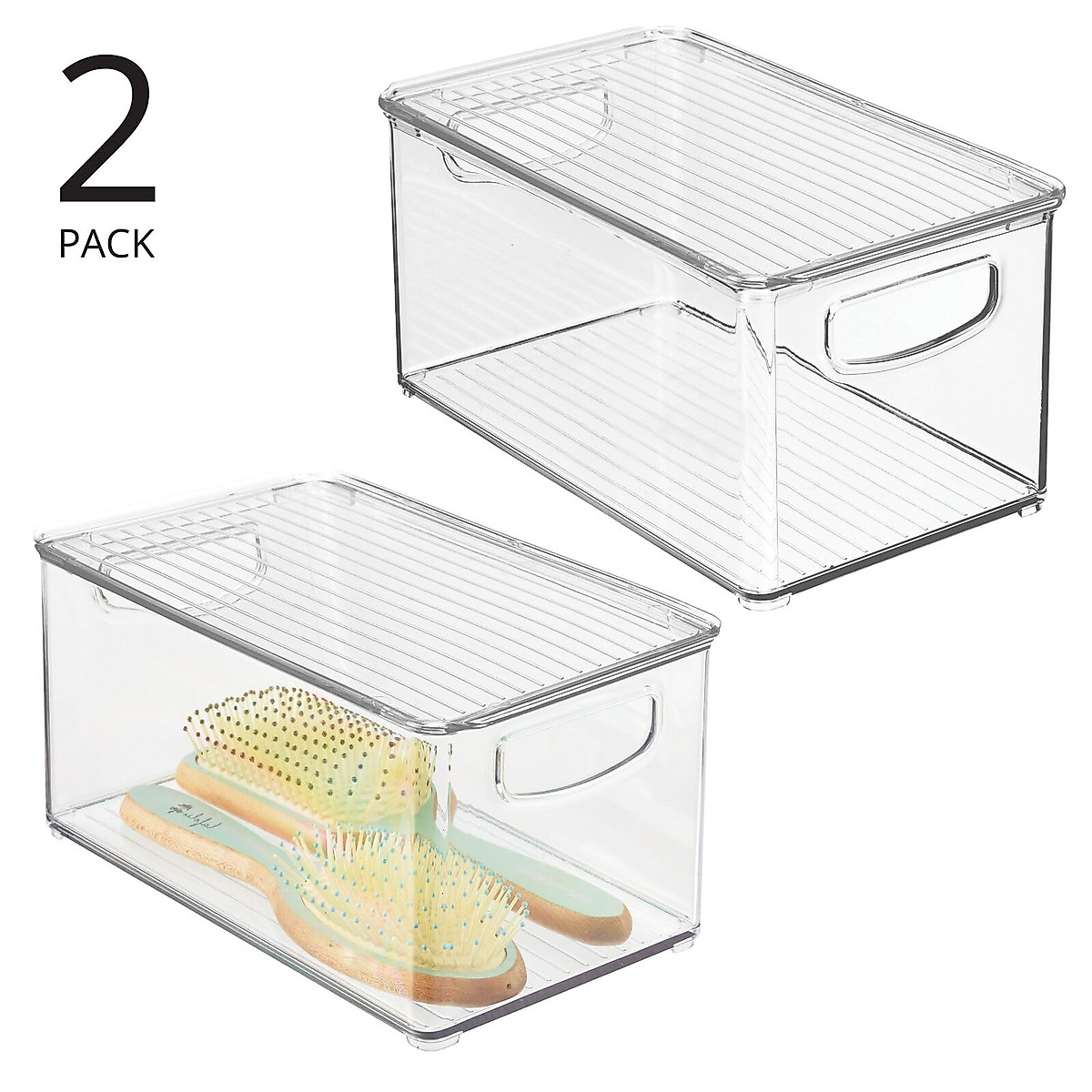 mDesign Deep Plastic Bathroom Storage Bin Box, Lid/Built-in Handles, Organization for Makeup, Hair Styling Tools, Toiletry Accessories in Cabinet, Shelves, Ligne Collection, 2 Pack, Clear
