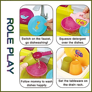 Kids Play Sink Toys with Running Water for Boy Girls Toddlers 1-3, Bird Bath Toys for Kids 5 6-8, Water Table Toy with Auto Working Faucet, Pretend Play Kitchen Cleaning Set Dishwasher Role Play Gifts