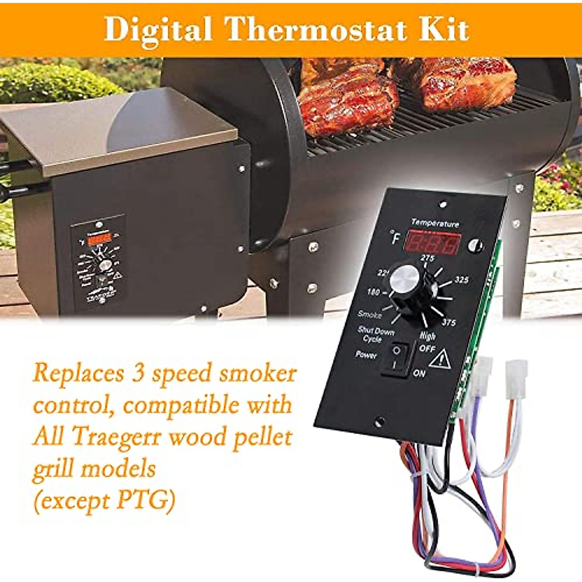 Digital Thermostat Kit Compatible with Traeger Pellet Grills BAC200 BAC236 BAC283 BAC388 BAC389 BAC382 Replacement Parts with LED Display Temperature Control Panel & 7" RTD Temperature Sensor Probe