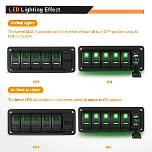 GOOACC 5 Gang Rocker Switch Panel Green Backlit with 4.8 Amp Dual USB Charger Voltmeter Waterproof 12V 24V DC Rocker Switch with Night Glow Stickers for Car Trucks Boats RVs,2 Years Warranty