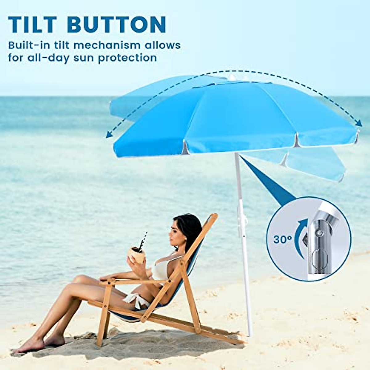 Beach Umbrella - 6.56FT Arc Length, 5.9FT Diameter Portable Beach Umbrellas for Sand Heavy Duty Wind with Air Vents, Adjustable Tilting Pole with 8 Ribs UV 50+ and Carry Bag