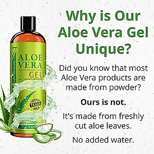 Organic Aloe Vera Gel from freshly cut 100% Pure Aloe - Big 12oz - HighestQuality, Texas grown, Vegan, Unscented - For Face, Skin, Hair, Sunburn relief