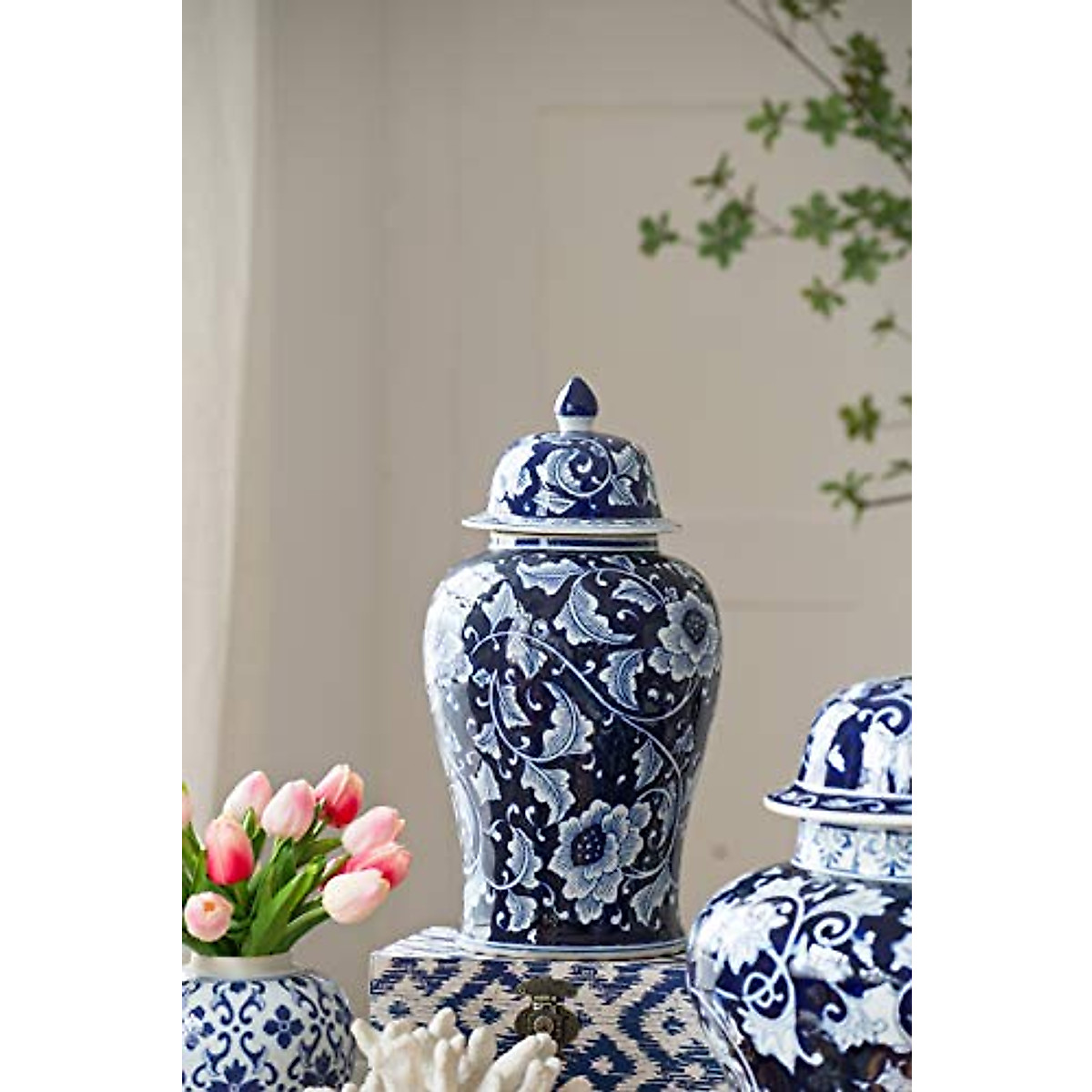 A&B Home 18" Porcelain Decorative Jar with Lid Blue White Floral Print Vase Ginger Jar Centerpiece Decor
