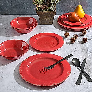 Gibson Home Mauna Melamine Plastic Dinnerware Set, Service for 4 (12pcs), Red Rustic