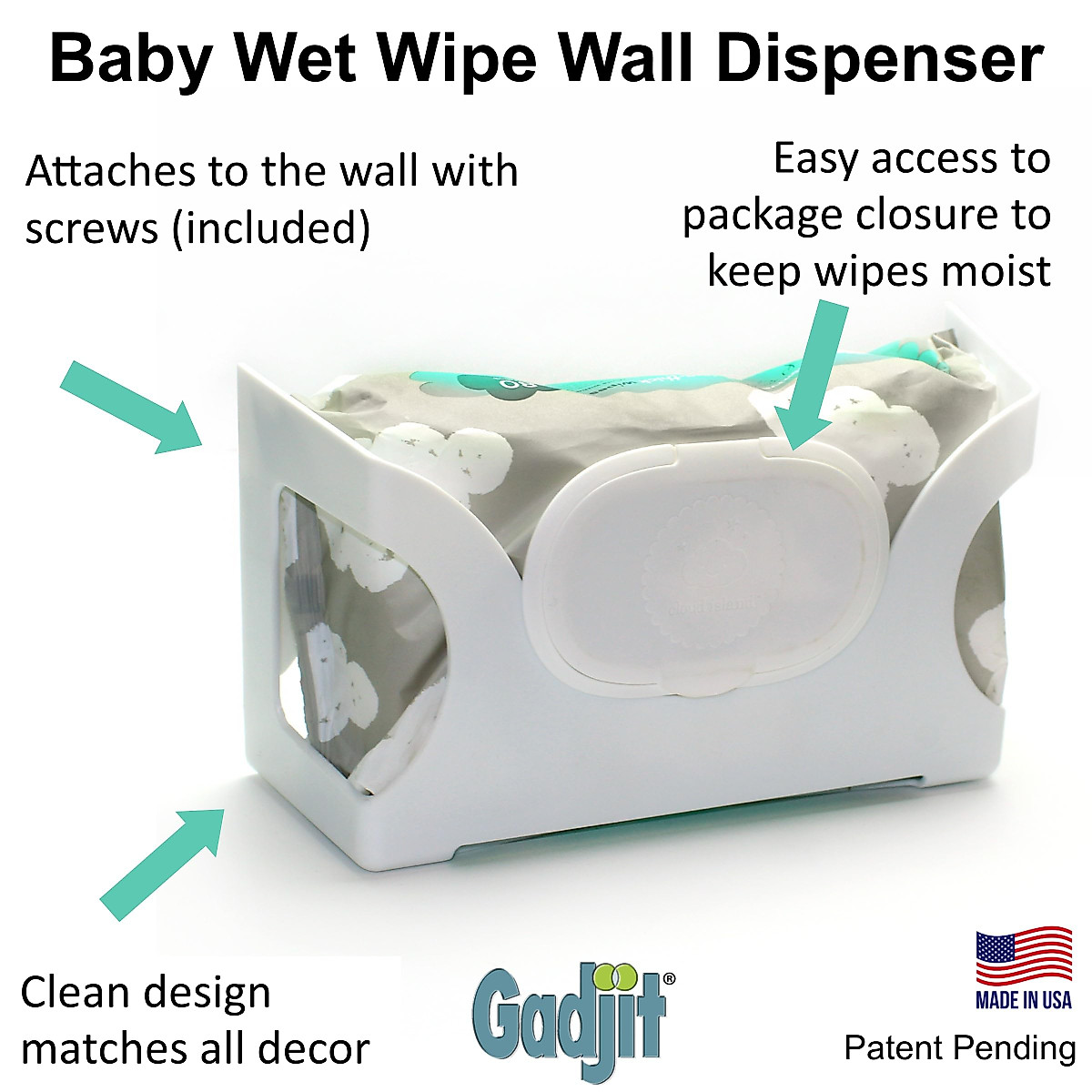 Gadjit Wet Wipes-Baby Wipe Wall Dispenser (2 Pack-WHITE) | Mounts on a Wall and Holds Up to a 84 Count Pack of Wipes | Keeps Wipes Within Easy Reach | One-Handed Wipes Dispensing Diaper Station