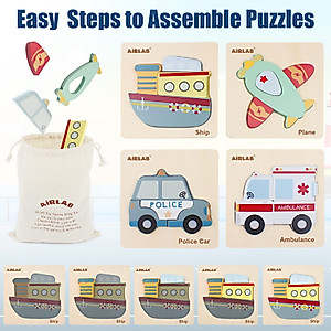Wooden Toddlers Puzzles Transportation Shape Puzzle Toys for Travel Airplane Portable Montessori Toys for Boys Girls 3-4 Year Old Baby Gifts Pack of 4 with Drawstring Bag