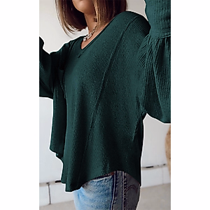 BTFBM Women's Ribbed Long Sleeve Tops 2025 Summer Spring Pullover Knit Casual V Neck Blouses Trendy Loose Fit Tunic Top(Solid Dark Green, Large)
