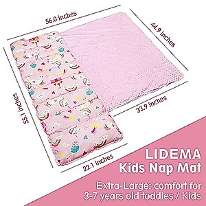 LIDEMA Toddler Nap Mat with Pillow and Blanket, Cozy and Durable Toddler Nap Mat for Daycare and Preschool, Travel and Camping, 22.1" x 55.1", Lightweight and Soft Sleeping Bags for Kids - Pink
