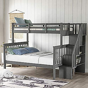 TARTOP Stairway Twin Over Full Bunk Bed with Storage Staircase and Full-Length Guardrails, Solid Wood Bunkbeds BedFrame for Kids Teens Adults Bedroom,Gray