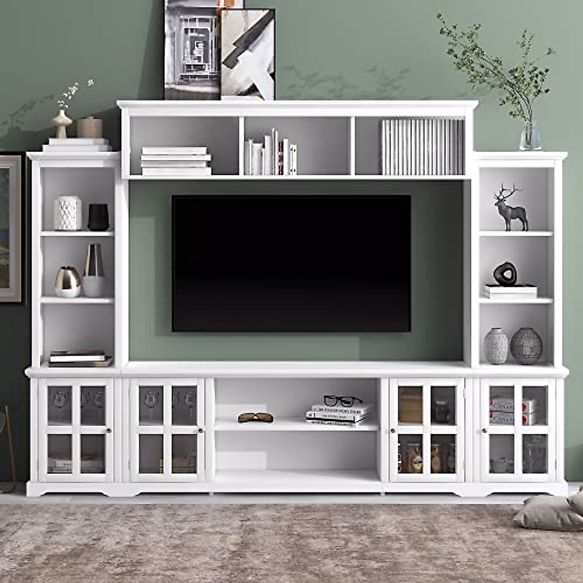 ZSQ TV Entertainment Wall Unit with Bridge, Modern TV Console Table for TVs Up to 70”, Multifunctional TV Stand with Tempered Glass Door (White)