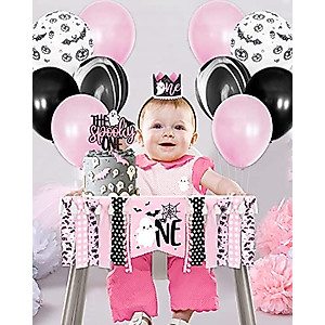 Pink Halloween 1st Birthday Party Decorations Spooky One High Chair Banner Boo Cake Topper Ghost Crown Hat White Black Bat Balloons for Baby Girl Souvenir Gifts Cake Smash Photo Prop Backdrop Supplies