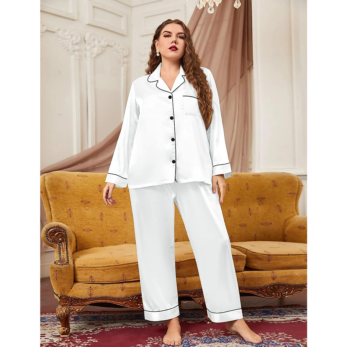 SWOMOG White Pajama Set for Plus Size Women Silk Satin Pajamas Long Sleeve Pjs Button-Down Pj Set Soft Sleepwear Set 18W