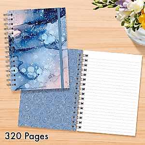Designer Greetings, Designer Papers Flex Cover Journal with Elastic Band, Blue “Notebook” Watercolor Marble with Silver Dotted Print - 320 Pages (6” x 8.25”) - Perfect for Work, School, Creative