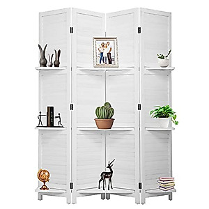 4 Panel Room Divider Folding Privacy Wooden Screen with Three Clever Shelf Portable Partition Screen Screen Wood for Home Office (White)