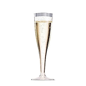BloominGoods 50 Plastic Silver Glitter Champagne Flutes | 7 oz. Clear Hard Disposable Party & Wedding Glass | Premium Heavy Duty Fancy Cup (50-Pack)