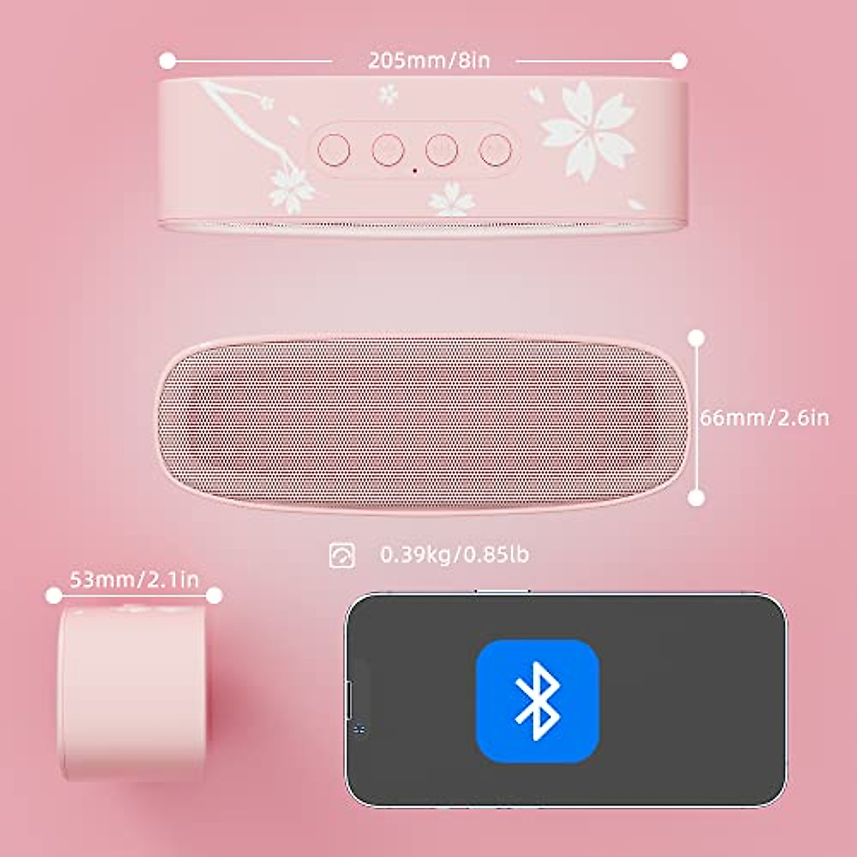 Mytrix Sakura Pink Cherry Blossom Bluetooth Speaker, Portable Wireless Speaker with Bluetooth 5.0, Dual Pairing, Outdoor Speakers with HD Sound and Bass for Home, Party, and Travel