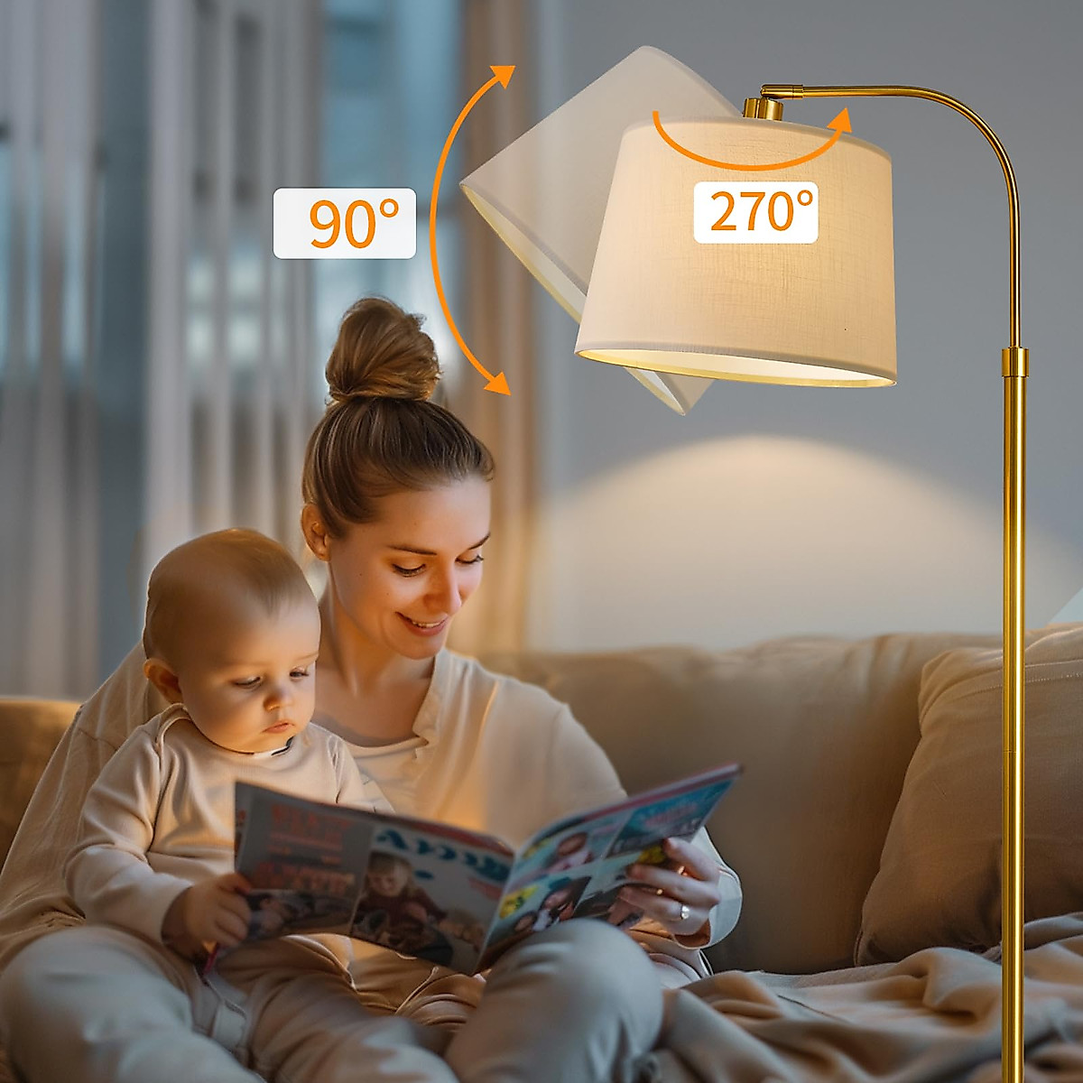 Oneach Modern Floor Lamp for Living Rooms LED Contemporary Arc Standing Lamps for Bedrooms Accent Tall Pole Gold Light for Reading with Hanging Lamp Shade Antique Brass