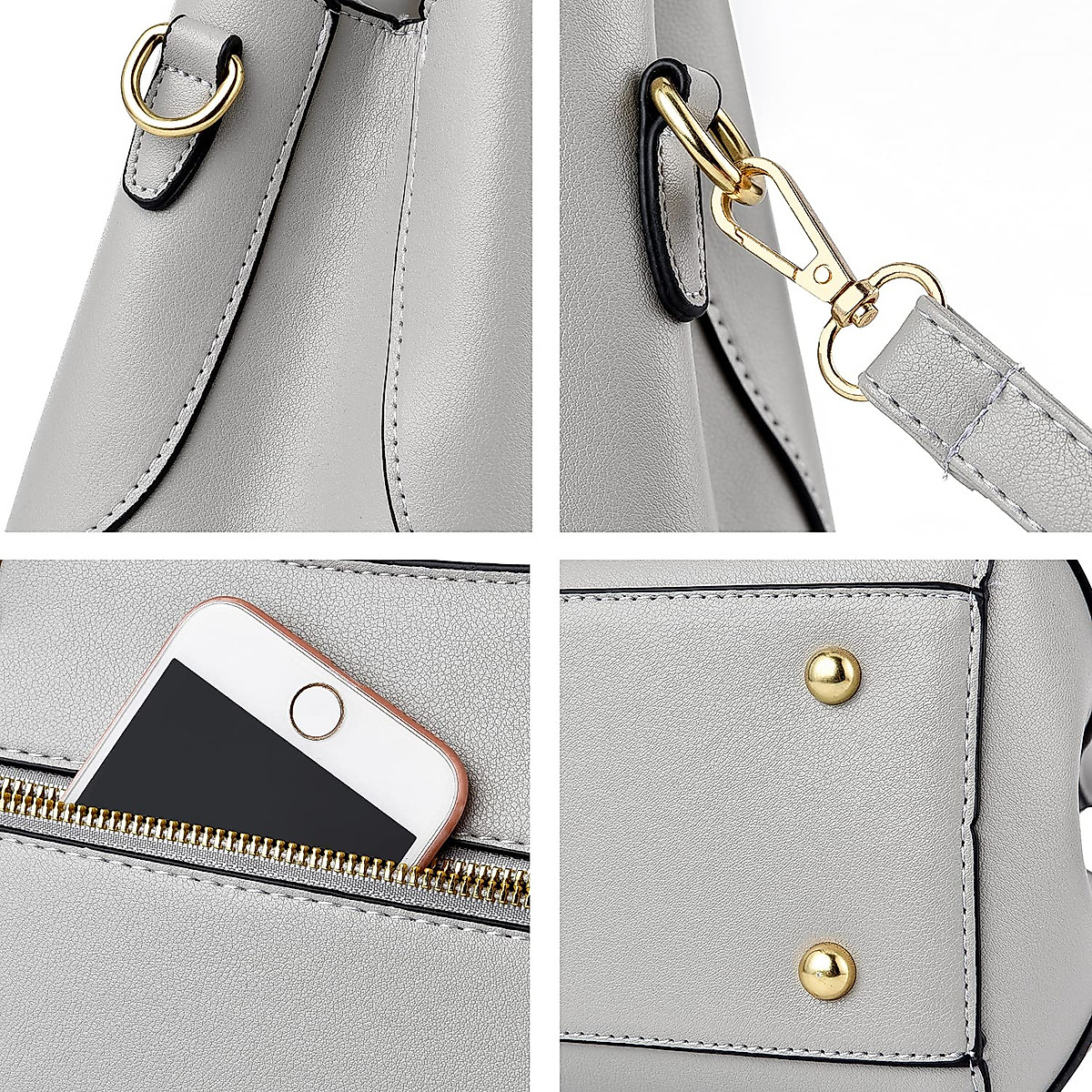 Satchel Purses and Handbags for Women, 3 Compartment Hand Bags with Charms, Pu Leather Ladies pocketbooks for women, Light Grey