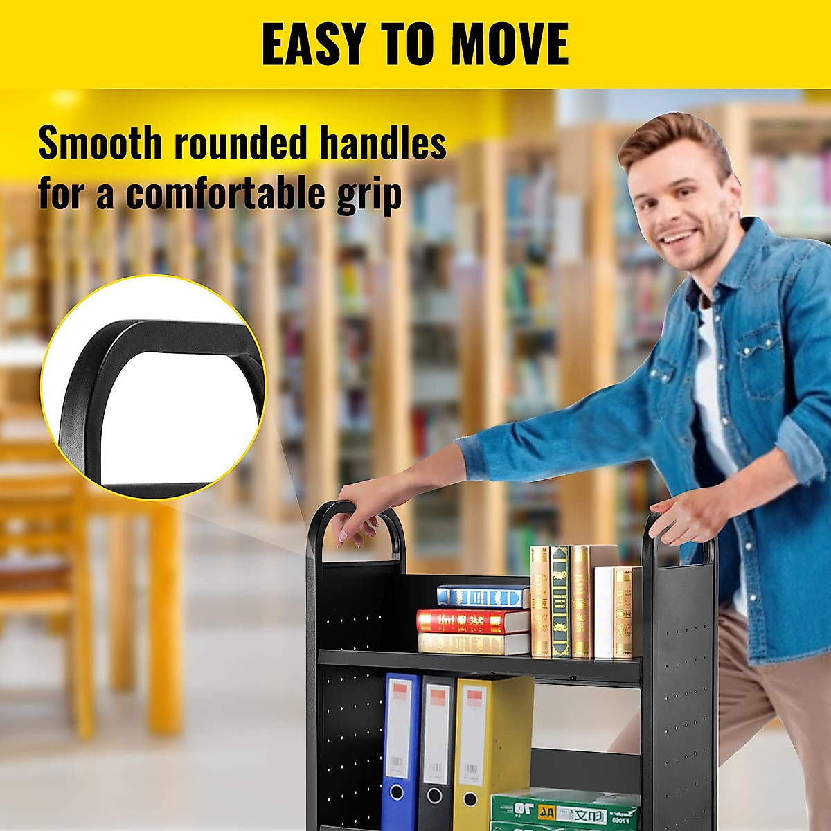 VEVOR Book Cart, 200LBS Library Cart, Single Sided V-Shaped 30x14x49 Inch Rolling Book Cart, Sloped Shelves with 4 Inch Lockable Wheels for Home Shelves Office and School Book Truck in Black