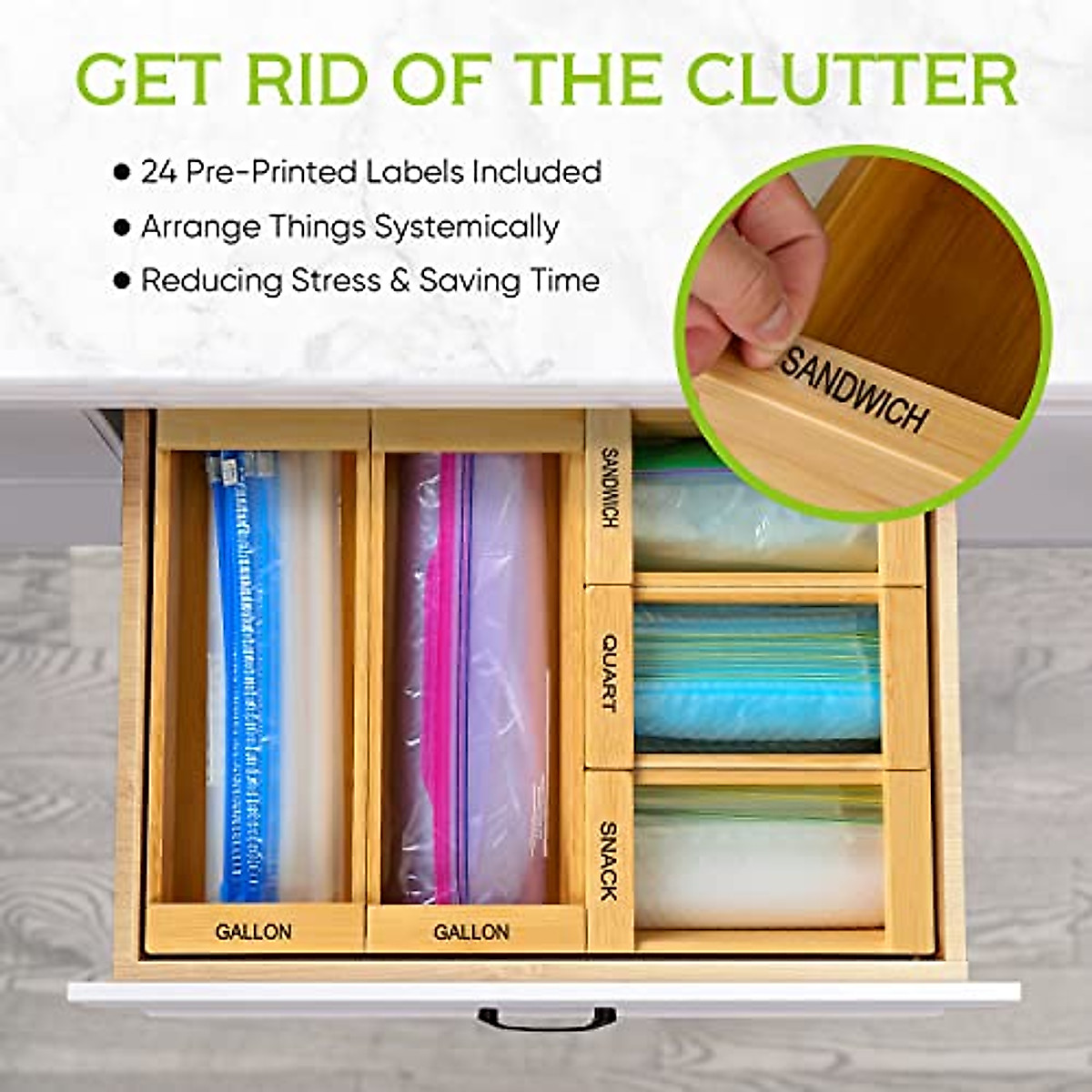 Barrenwood Ziplock Bag Organizer for Drawer - Bamboo Ziplock Bag Storage Organizer, Sandwich Bag Organizer Compatible with Ziploc, Solimo, Glad, Hefty for Gallon, Quart, Sandwich and Snack Size Bag (5 Packs)