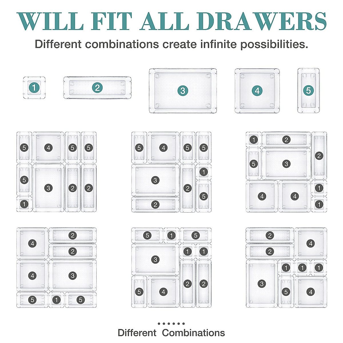 StorMiracle 16 PCS Drawer Organizer Set, 5 Varied Size Bathroom and kitchen Drawer cabinet organizer Trays, Clear Storage Bins for Makeup, Jewelry, Utensils and Gadgets