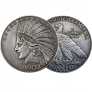 Antique Liberty Indian Head $10 Dollar Coin, Uncirculated Morgan Silver Dollar, Historical Shangui Ritual Coin, Rare Old Coins for Collectors & American Coin Collection (1907 2PCS)