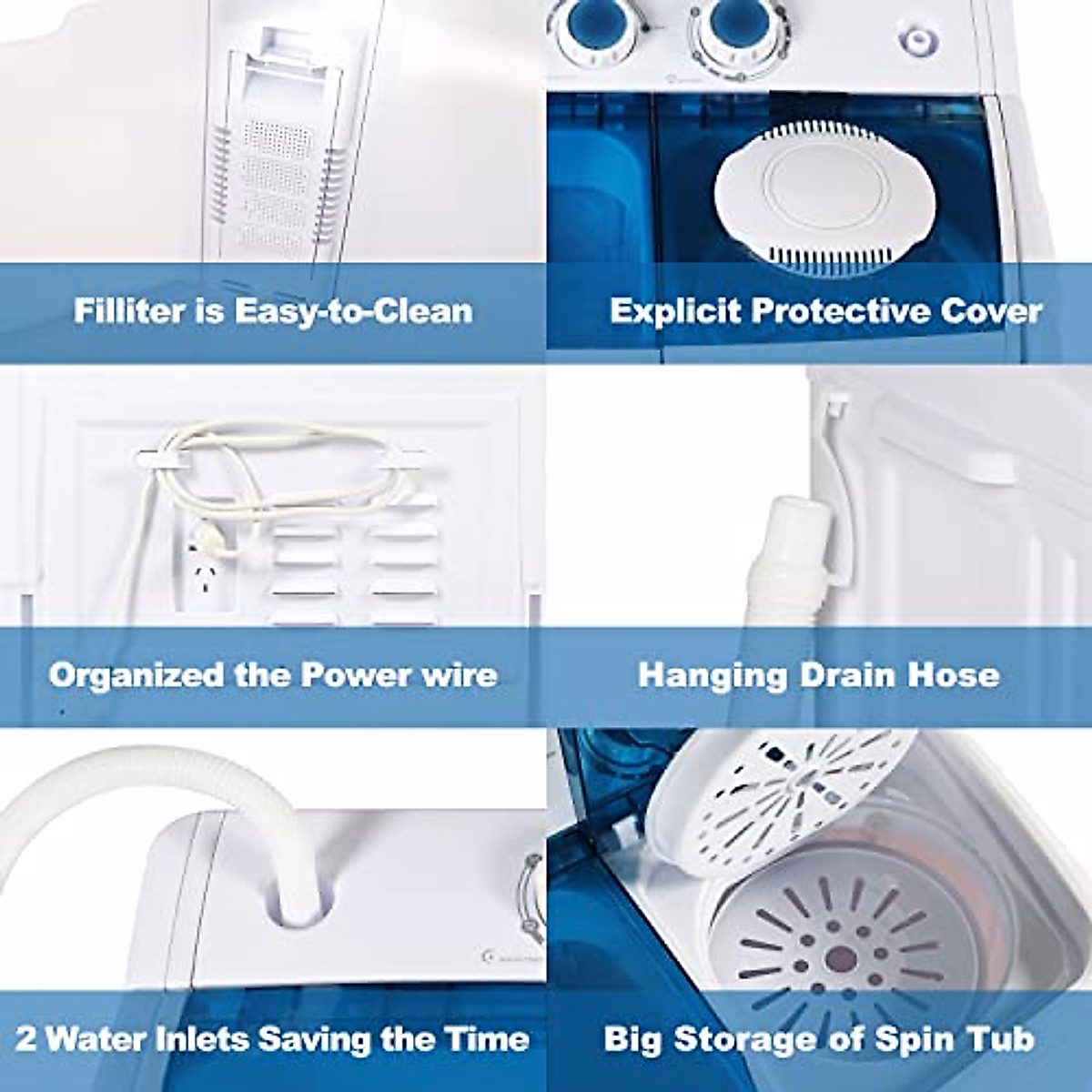 GRAVFORCE Portable Washing Machine, Mini Twin Tub Washer and Dryer Combo, 21lbs Capacity Washer(14.4Lbs) and Spinner(6.6Lbs), w/Built-in Gravity Drain for Camping, Apartments, Dorms, RV’s (Blue)