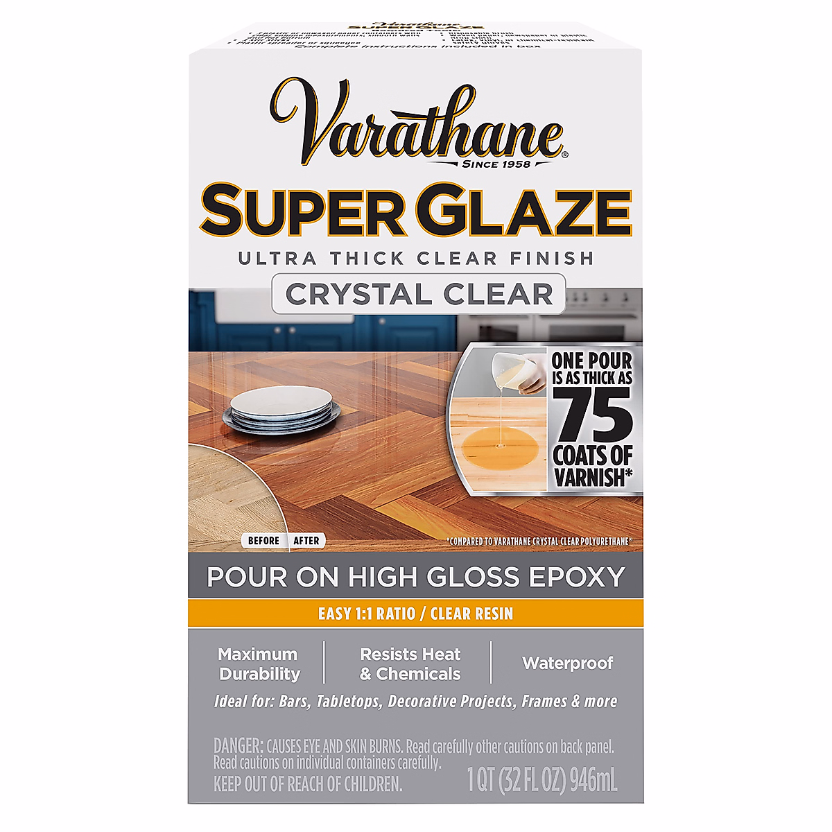 Varathane Rust-Oleum Parks Super Glaze, 241352 Ultra Glossy Epoxy Finish and Preservative Kit, Clear 32 Fl Oz