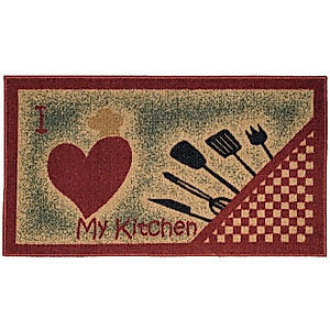 Kitchen Rugs and Mats - 18" x 31" - Non Skid, Rubber Back - Love My Kitchen, Heart Utencil Themed - Doormat