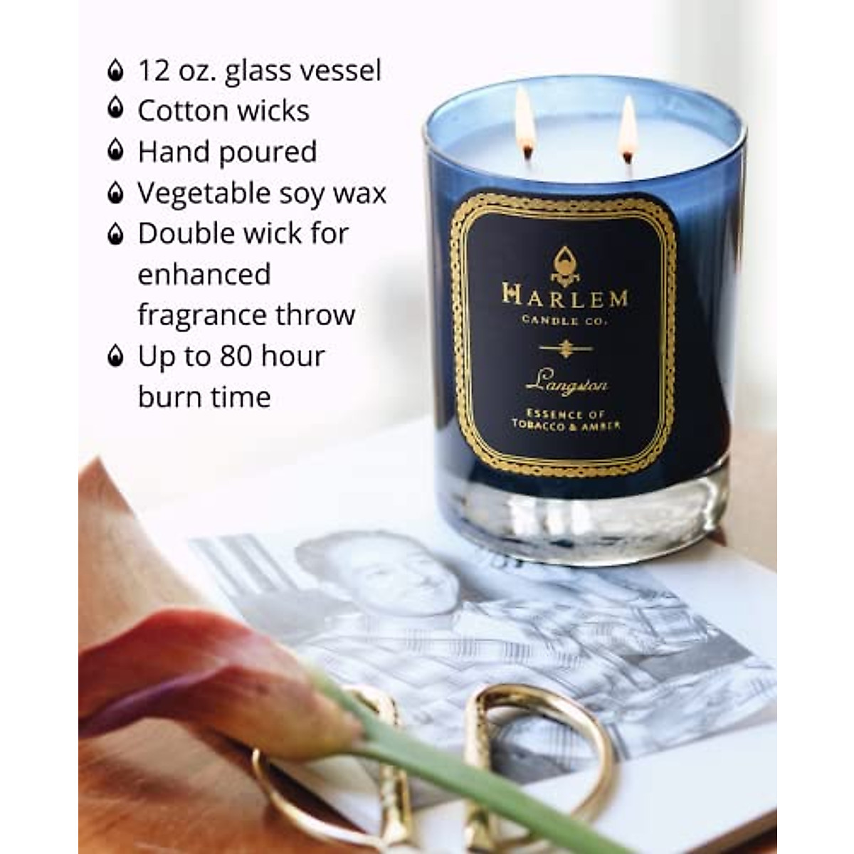 Harlem Candle Company Langston Luxury Scented Candle, Double Wick, 12 oz Navy Blue Glass Jar, Soy Wax, Gift Box, Scents of Clove, Vanilla, Jasmine, Sandalwood and Amber