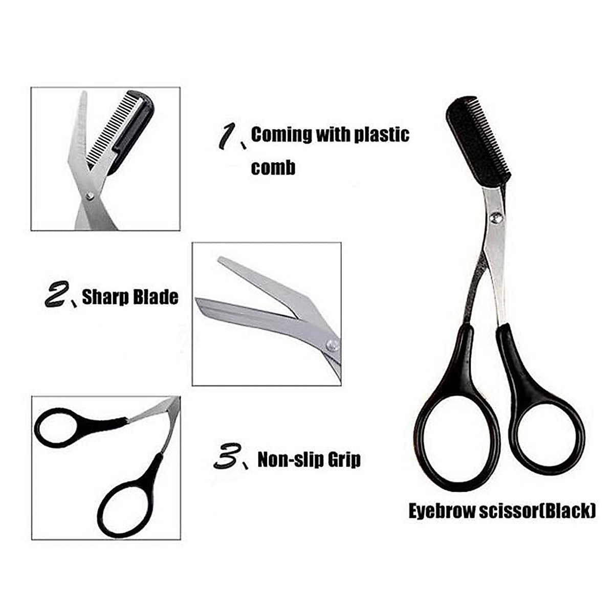 Erioctry Professional Precision Trimmer Eyebrow Scissors Remover Beauty Tool with Comb and Non Slip Finger Grips Black Silver Tone for Men