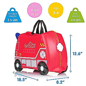 Trunki Kids Ride-On Suitcase & Toddler Carry-On Airplane Luggage for Children Aged 3-6 : Frank Fire Truck Red