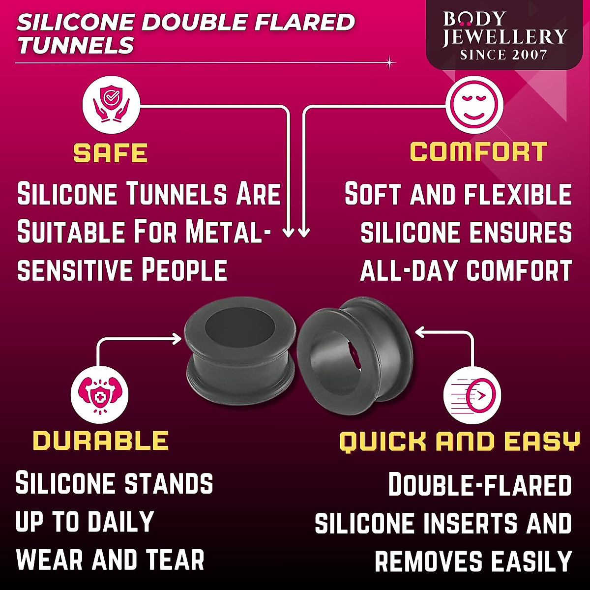 bodyjewellery 7/8 inch 22mm Black Implant grade silicone Double Flare Tunnels Ear Gauge Plugs ABCF Ear Stretching Piercing 2Pcs