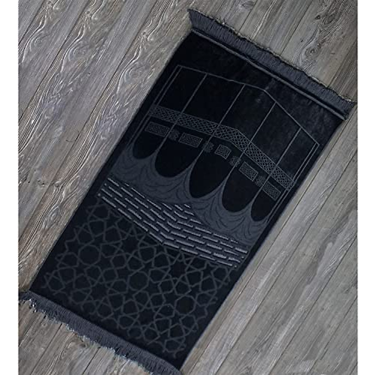 Modefa Islamic Prayer Rug - Soft Beautiful Turkish Prayer Mat for Men & Women - Solid Janamaz Sajada Carpet - Ramadan or Eid Gift - with Prayer Beads Tesbih and Kufi Cap- Luxury Velvet (KB Black)