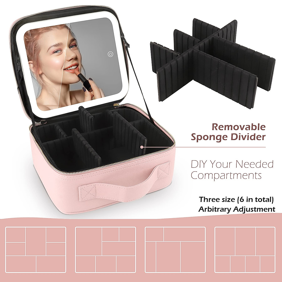 WangSelect Lighted Makeup Case with Full-screen HD Mirror Travel Makeup Train Case with Adjustable Dividers Cosmetic bag with Foldable 1x/10x Magnifying Mirror and Jewelry Box Phosphor