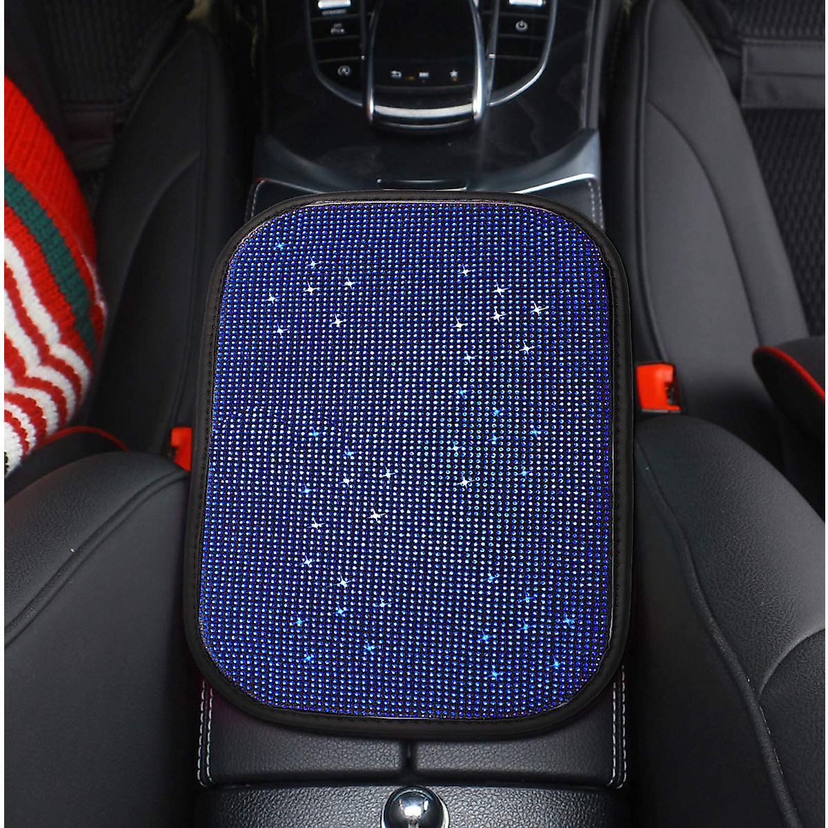 FUNOJOY Car Armrest Cover for Women Blue Diamond Rhinestone Bling Car Accessories Car Decor for Women