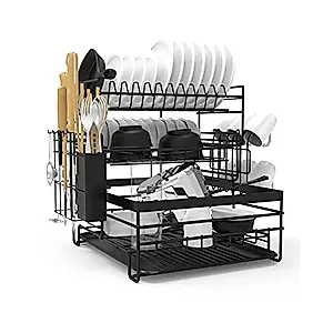 3 Tier Dish Drainer Rack for Kitchen Counter, Large Capacity Dish Drying Rack with Drainboard,Cup Holder,Cutting Board Rack and Cutlery Holder,Detachable Stainless Steel Dish Drying Rack for Kitchen