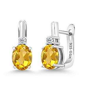 Gem Stone King 925 Sterling Silver Yellow Citrine and White Topaz Earrings For Women (2.46 Cttw, Gemstone November Birthstone, Oval 9X7MM)