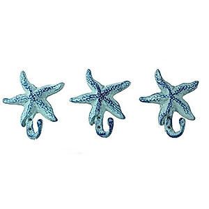 Starfish Cast Iron Wall Hooks Antique Blue - Set of 3 for Coats, Aprons, Hats, Towels, Pot Holders, More