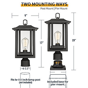 Beionxii Outdoor Post Lights, Large Exterior Lamp Post Light Fixture with Pier Mount Base, Black Cast Aluminum w/Clear Glass (19" x 9") - A197P-2PK