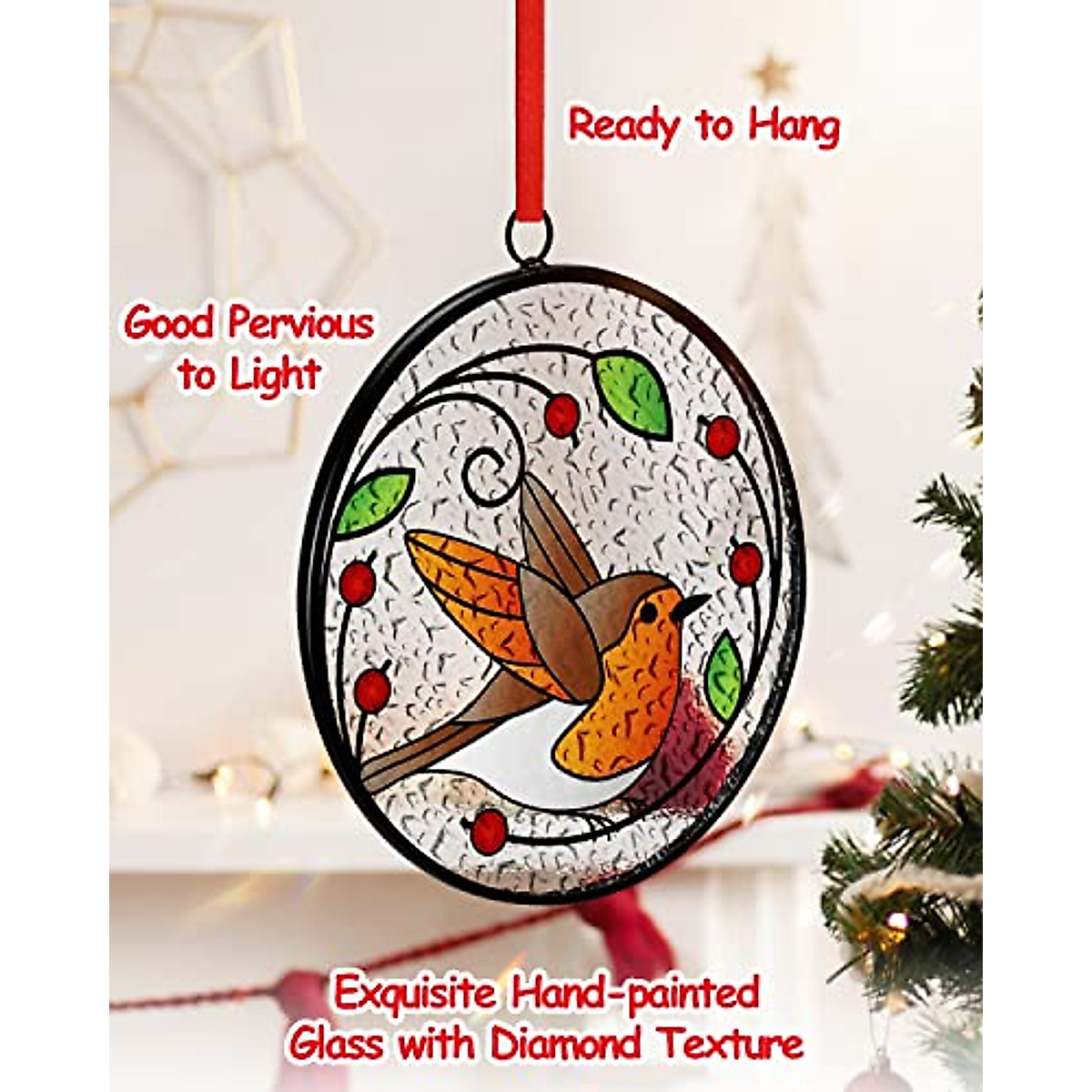 Bird Stained Glass Suncatcher Robin Bluebird Hand Painted Ornament Wall Window Hanging Double Side Redbreast Decor Birthday Lover Gift Box for Mom Grandma Teacher Women Friend with Memorial Card