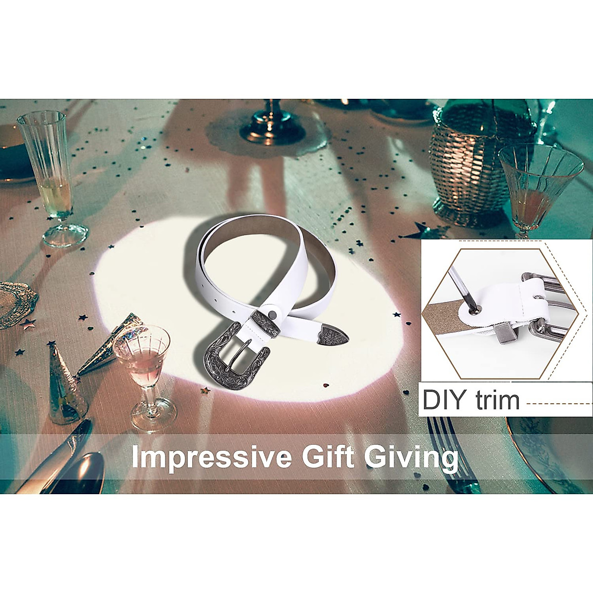 WERFORU Women Leather Belt for Jeans Pants Ladies Black Belt for Dress with Western Silver Buckle, White,Small(Length 39.3 Inches, Suit for waist size 23"-26")-