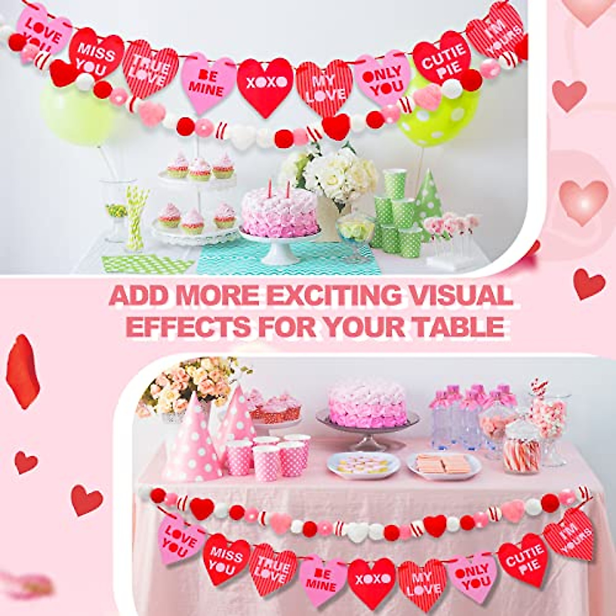 2 Pieces Valentines Day Felt Balls Banner Conversation Candy Hearts Banner Felt Pom Pom Garland Valentines Heart Sayings Garland for Valentines Party Wedding Birthday Decorations